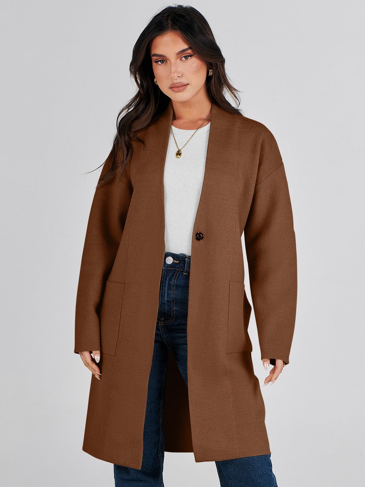 ANRABESS Women's 2023 Cardigan Coat Long Sleeve Open Front Knit Casual Coatigan Sweater Classy Trendy Clothes Spring Going Out Jacket Outwear B1123jiaotang-M, Caramel
