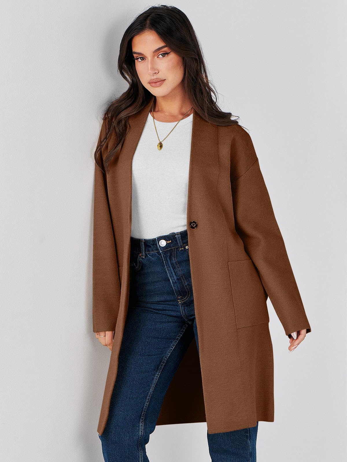 ANRABESS Women's 2023 Cardigan Coat Long Sleeve Open Front Knit Casual Coatigan Sweater Classy Trendy Clothes Spring Going Out Jacket Outwear B1123jiaotang-M, Caramel