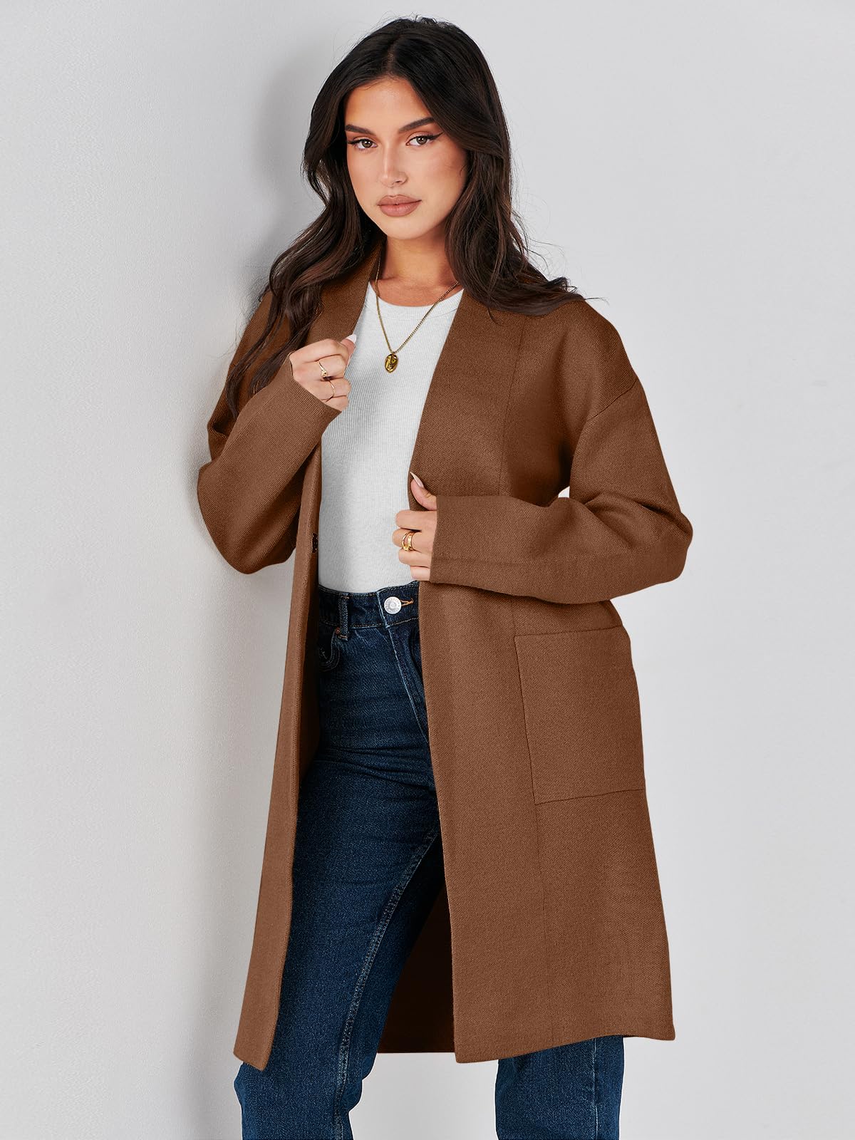 ANRABESS Women's 2023 Cardigan Coat Long Sleeve Open Front Knit Casual Coatigan Sweater Classy Trendy Clothes Spring Going Out Jacket Outwear B1123jiaotang-M, Caramel