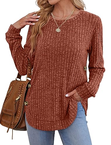 WIHOLL Fall Clothes for Women 2023 Tunic Sweaters Long Sleeve Shirts for Women Caramel M