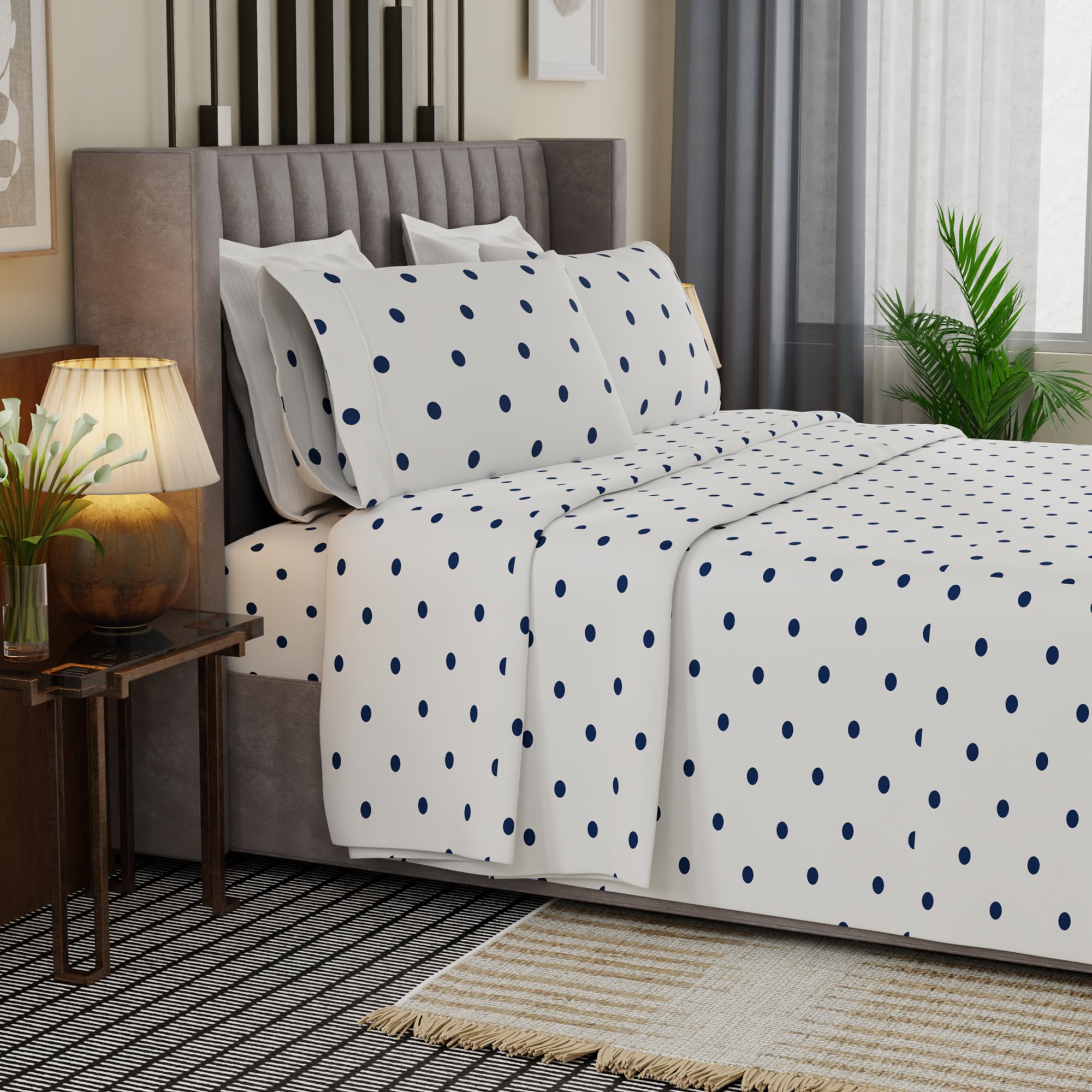 SUPREME ELEGANCE Hotel Percale Cotton Rich Sheets, Polka Dot Navy Full Size Bed Sheet, Wrinkle-Resistant, Brushed for Extra Softness, Luxury Bed Sheets Full, Elasticized Deep Pocket Bedding Set