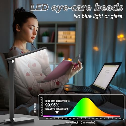 Bright Led Desk Lamp for College Dorm - Foldable Study Desk Light for Home Office, Modern Dorm Study Desk Lamps, 5 Light Mode Dimmable Brightness Eye-Caring Craft Task Lamp Reading Desktop Lamp,Black