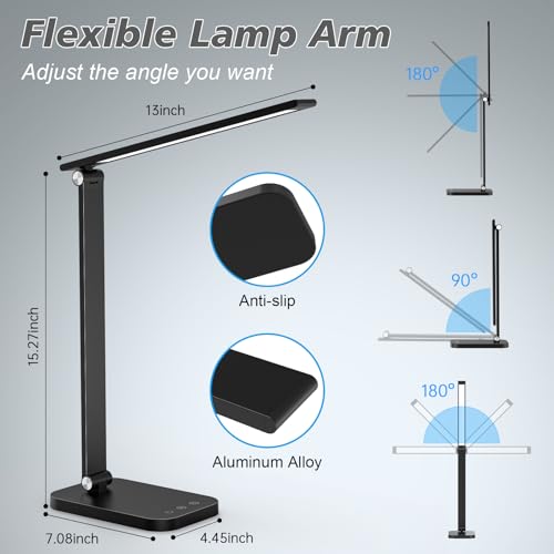 Bright Led Desk Lamp for College Dorm - Foldable Study Desk Light for Home Office, Modern Dorm Study Desk Lamps, 5 Light Mode Dimmable Brightness Eye-Caring Craft Task Lamp Reading Desktop Lamp,Black