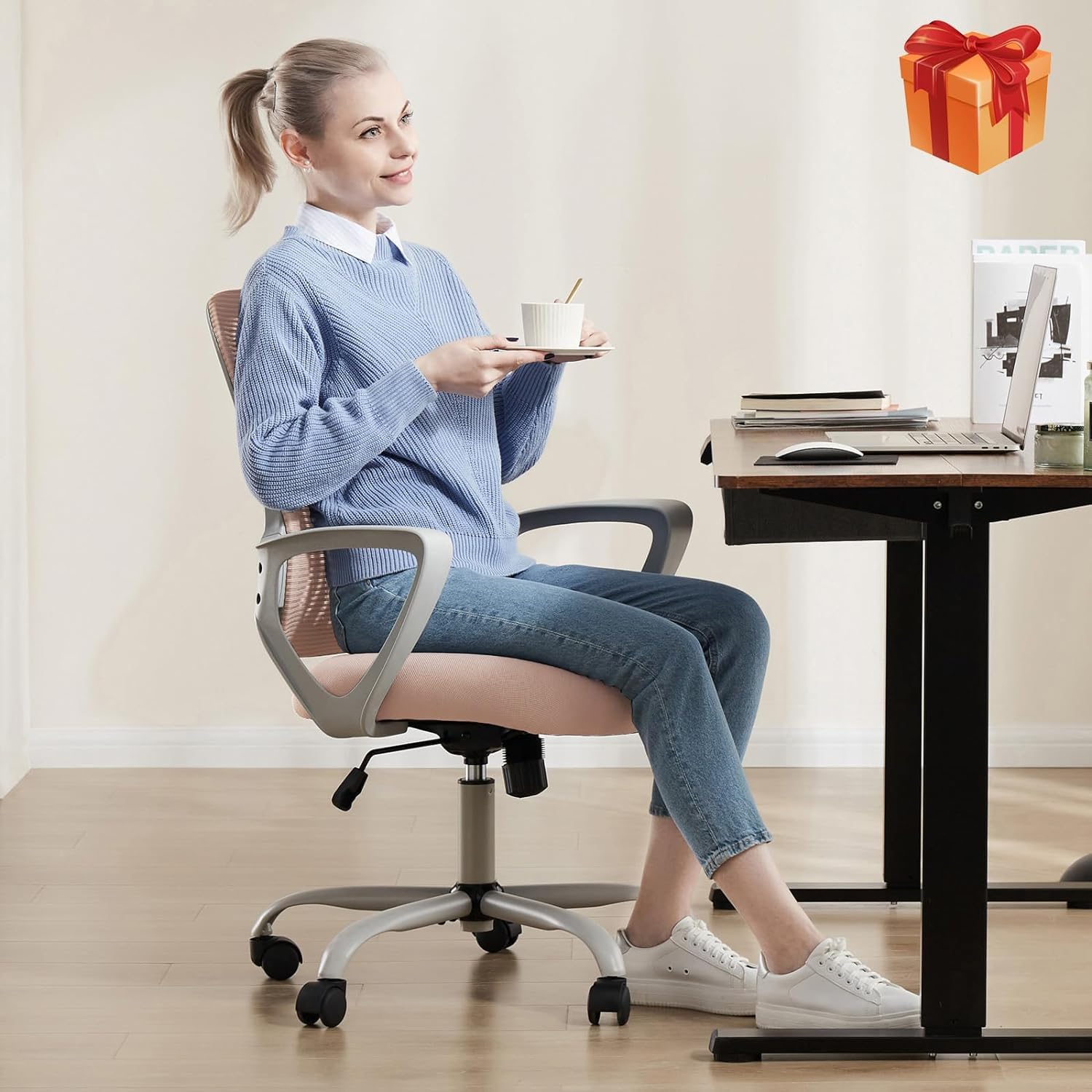 Sweetcrispy Office Computer Desk Chair, Ergonomic Mid-Back Mesh Rolling Work Swivel Task Chairs with Wheels, Comfortable Lumbar Support, Comfy Arms for Home, Bedroom, Study, Student, Pink
