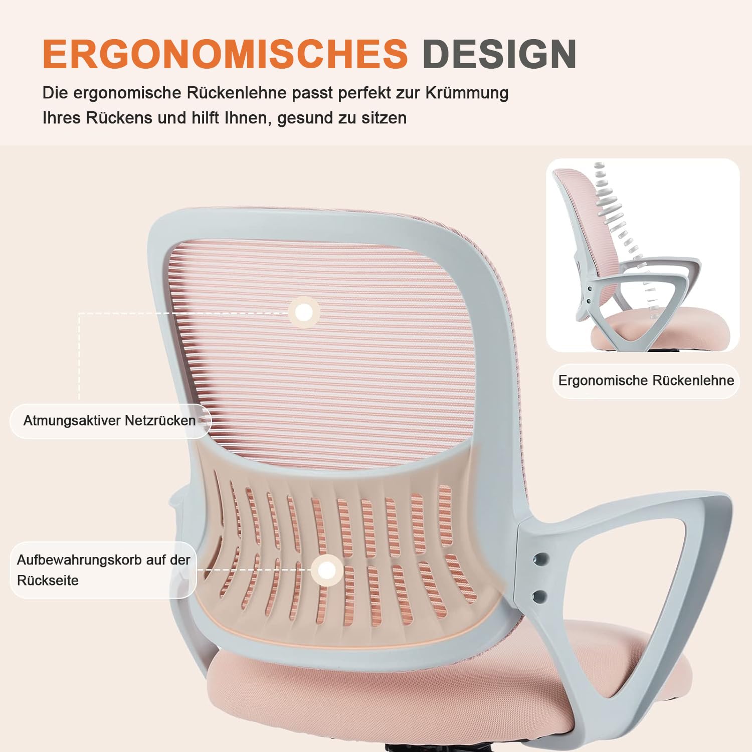 Sweetcrispy Office Computer Desk Chair, Ergonomic Mid-Back Mesh Rolling Work Swivel Task Chairs with Wheels, Comfortable Lumbar Support, Comfy Arms for Home, Bedroom, Study, Student, Pink