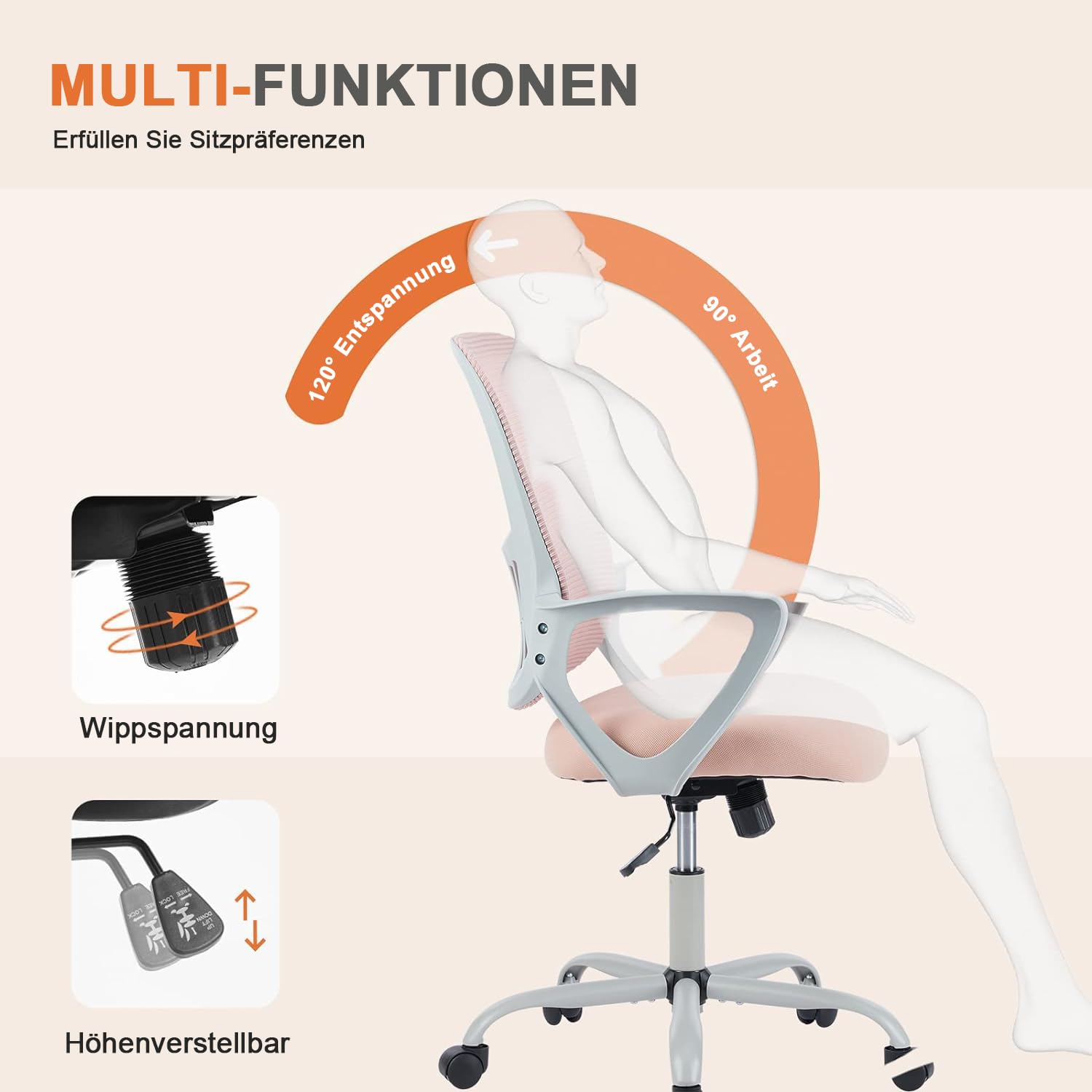 Sweetcrispy Office Computer Desk Chair, Ergonomic Mid-Back Mesh Rolling Work Swivel Task Chairs with Wheels, Comfortable Lumbar Support, Comfy Arms for Home, Bedroom, Study, Student, Pink