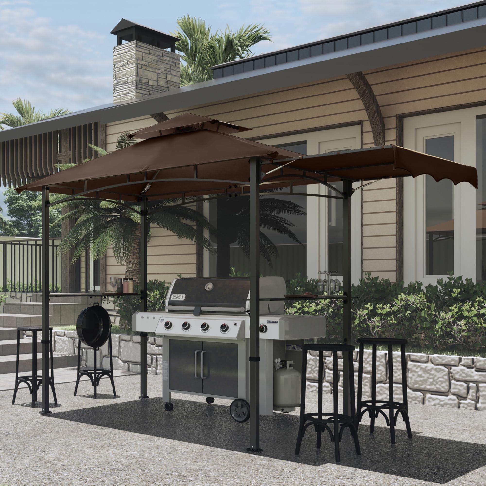 MASTERCANOPY 11 x 5 Grill Gazebo with Extra Side Awning Outdoor BBQ Gazebo with 2 LED Lights for Patio Party Backyard Picnic(Brown)