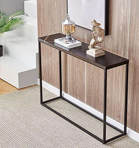 Volowoo Faux Marble Console Table, Snack Entryway Table, Entrance Sofa Table, MDF Entry Table, Accent Coffee Table with Metal Frame, Couch Table for Hallway, Living Room(Faux Marble, 1-Tier,Brown)
