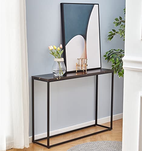 Volowoo Faux Marble Console Table, Snack Entryway Table, Entrance Sofa Table, MDF Entry Table, Accent Coffee Table with Metal Frame, Couch Table for Hallway, Living Room(Faux Marble, 1-Tier,Brown)