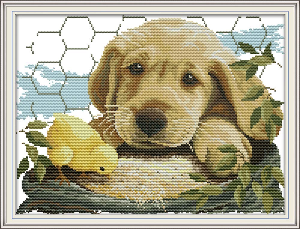 Benway Cross Stitch Kit 14ct Counted Brown Dog and A Chick in Yellow 40x31cm (15.75x12.2in)