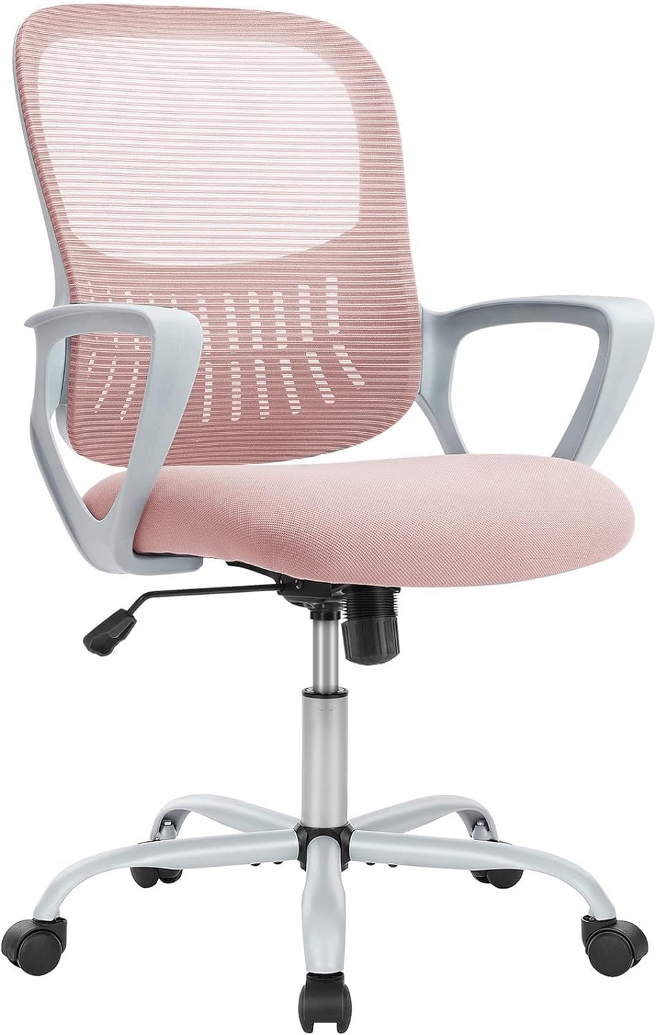 Sweetcrispy Office Computer Desk Chair, Ergonomic Mid-Back Mesh Rolling Work Swivel Task Chairs with Wheels, Comfortable Lumbar Support, Comfy Arms for Home, Bedroom, Study, Student, Pink