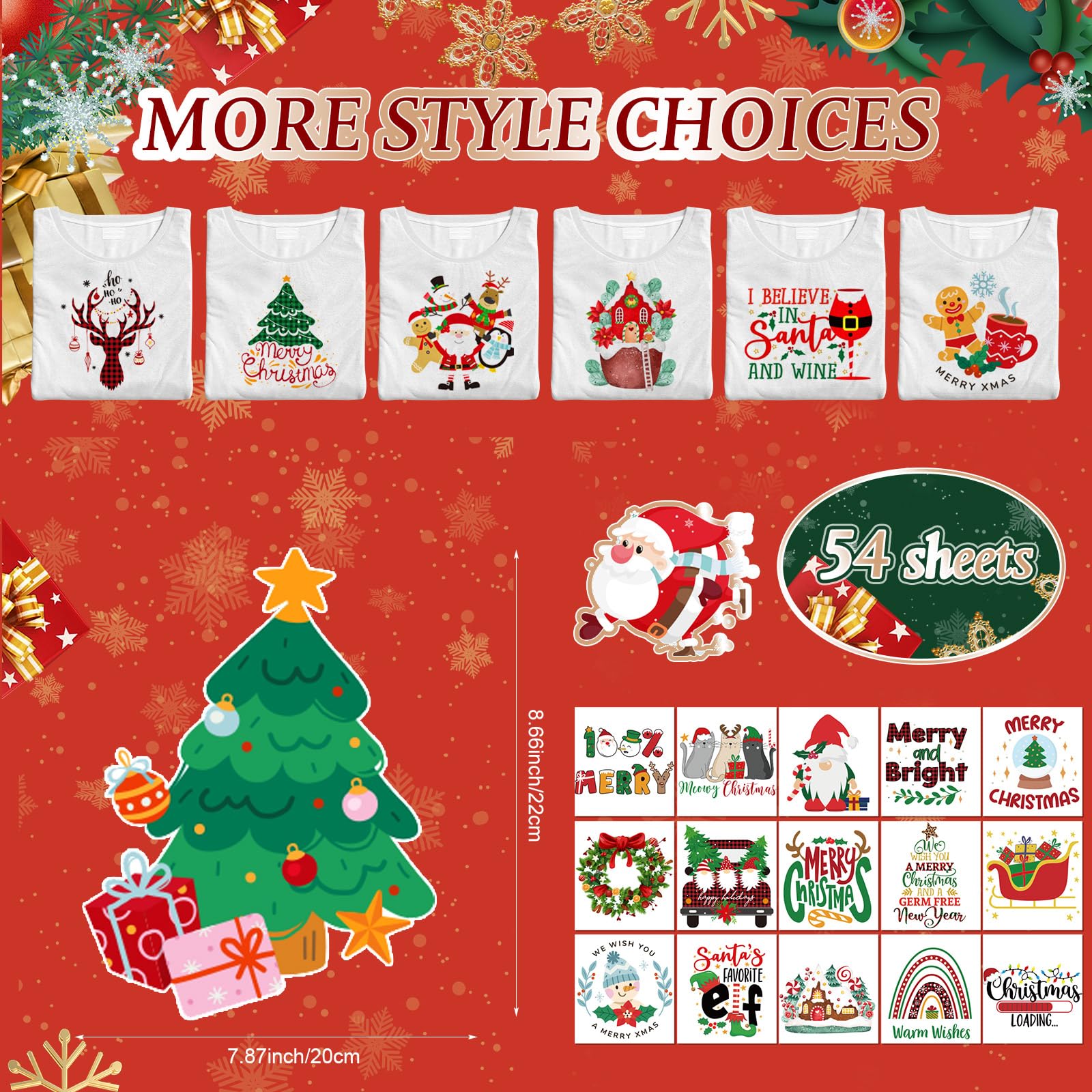 Yeaqee 54 Sheets Christmas Iron on Decals Xmas Patches Appliques Santa Claus Heat Transfer Stickers for T Shirts Iron on Transfers Decal for Jackets Clothes Backpacks Decorations DIY Crafts Party