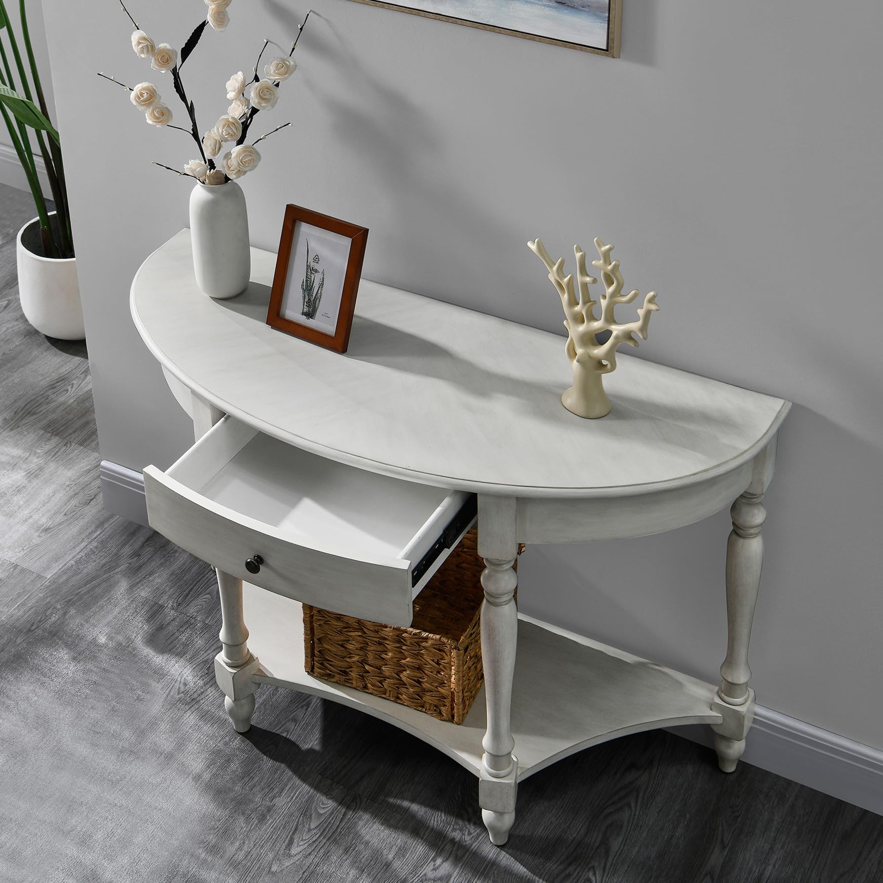 MODERION Solid Wood Console Table with Drawer, Semi-Circle Entryway Table with Storage Shelf, Half-moon Traditional Elegant Vintage Sofa Table for Living Room, Small Space, Antique White SFZ12233RW