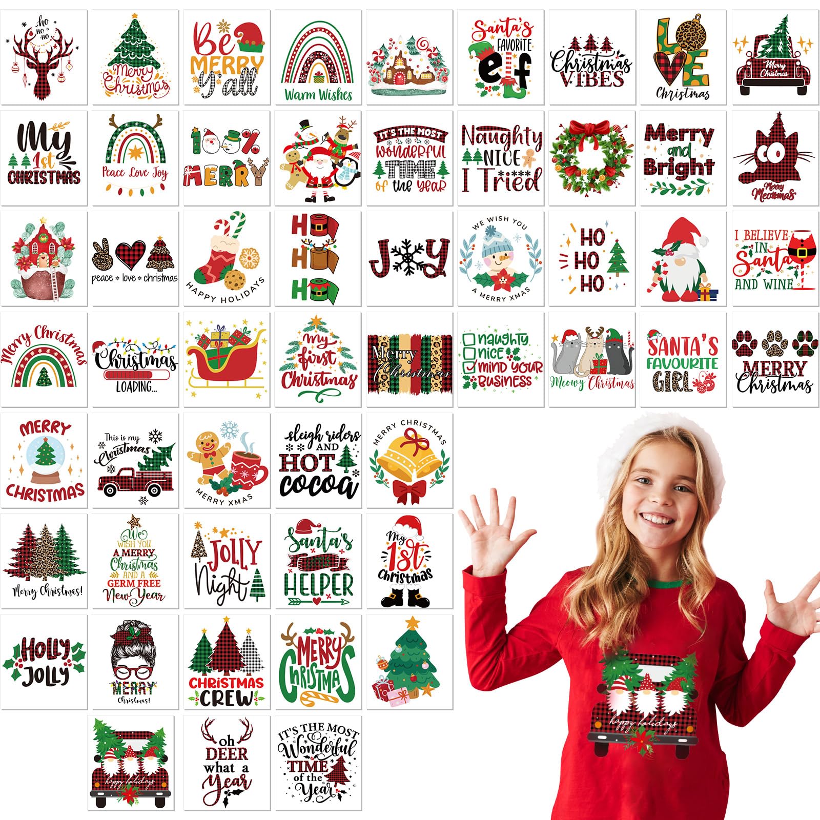 Yeaqee 54 Sheets Christmas Iron on Decals Xmas Patches Appliques Santa Claus Heat Transfer Stickers for T Shirts Iron on Transfers Decal for Jackets Clothes Backpacks Decorations DIY Crafts Party