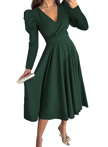 Dokotoo Womens Cocktail Dresses for Wedding Guest Fall Fashion 2023 Wrap V Neck Long Sleeve High Waist A Line Business Casual Party Elegant Cute Swing Midi Ladies Dress Outfit Green X-Large