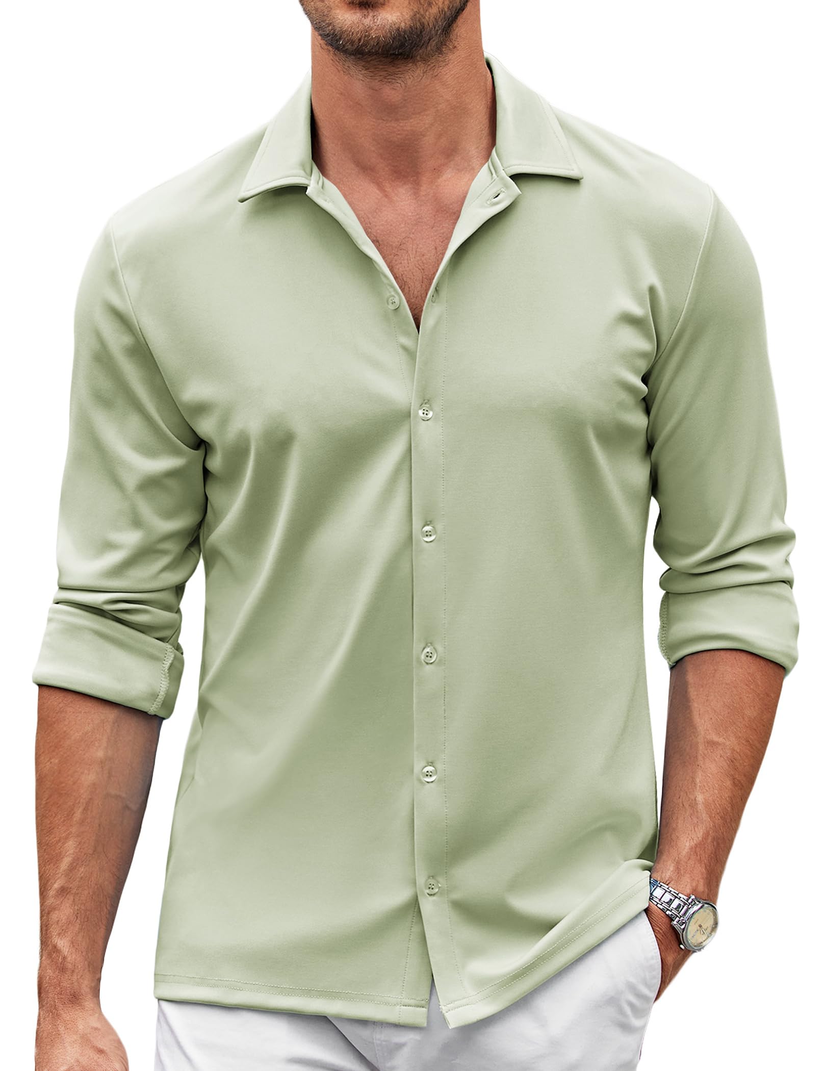 COOFANDY Men's Casual Button Down Shirt Wrinkle Free Shirts Long Sleeve Dress Shirt Light Green