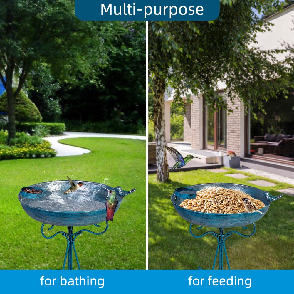 DREAMSOUL 12 inch Bird Bath with Stand, Blue Bird Baths for Outdoors, Metal Birdbath with Folding Bracket for Patio Lawn Garden Decor