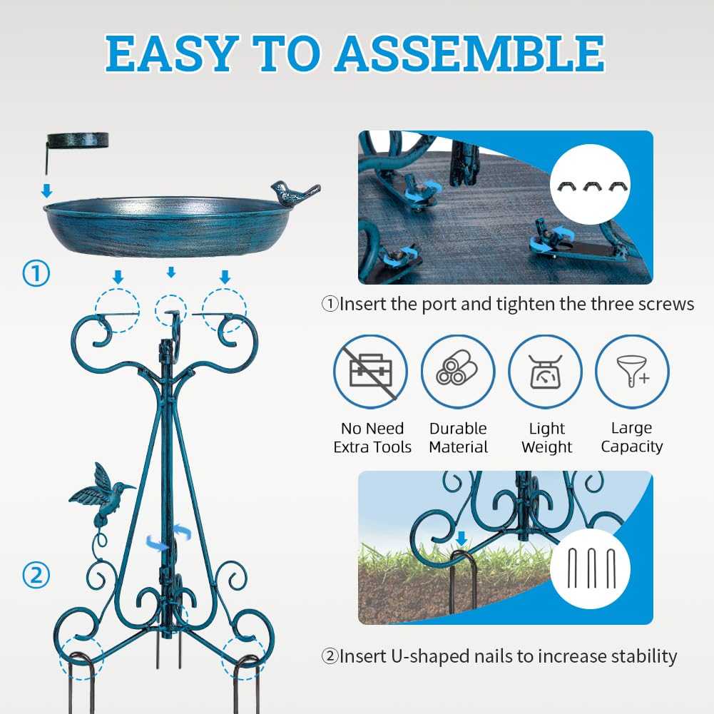 DREAMSOUL 12 inch Bird Bath with Stand, Blue Bird Baths for Outdoors, Metal Birdbath with Folding Bracket for Patio Lawn Garden Decor