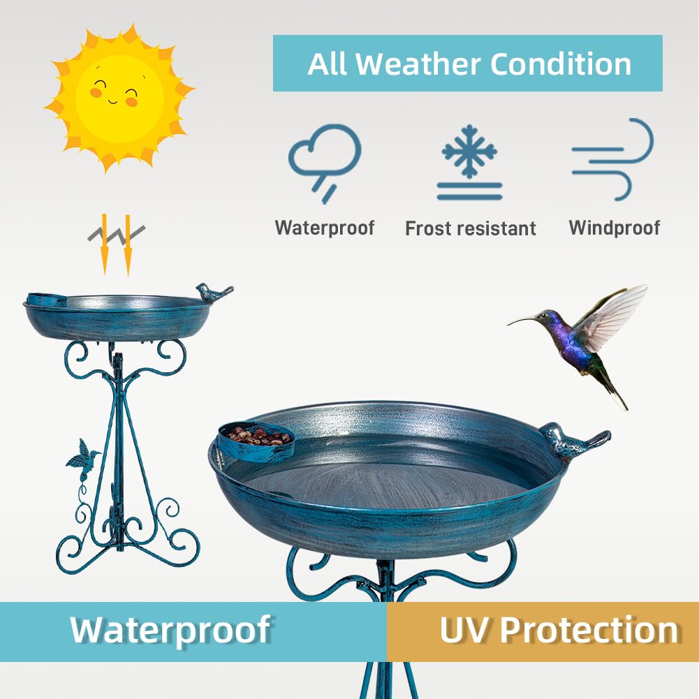 DREAMSOUL 12 inch Bird Bath with Stand, Blue Bird Baths for Outdoors, Metal Birdbath with Folding Bracket for Patio Lawn Garden Decor