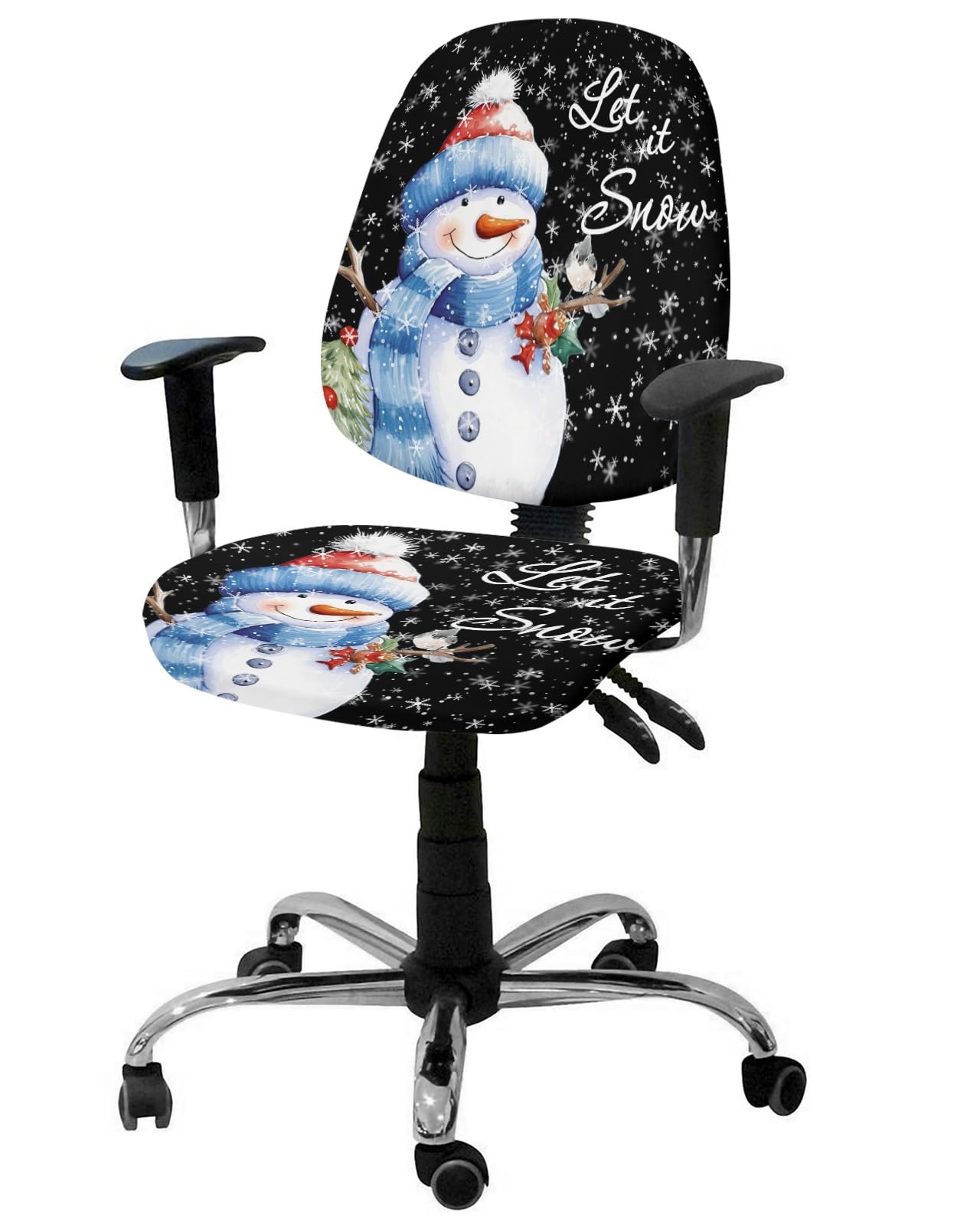 LBDOMOV Christmas Office Chair Cover 2 Piece, Stretch Elastic Computer Desk Rotating Chair Seat Back Covers, Stretchable Chair Slipcover Protectors Cover Black Winter Snowflake Snowman Birds Black