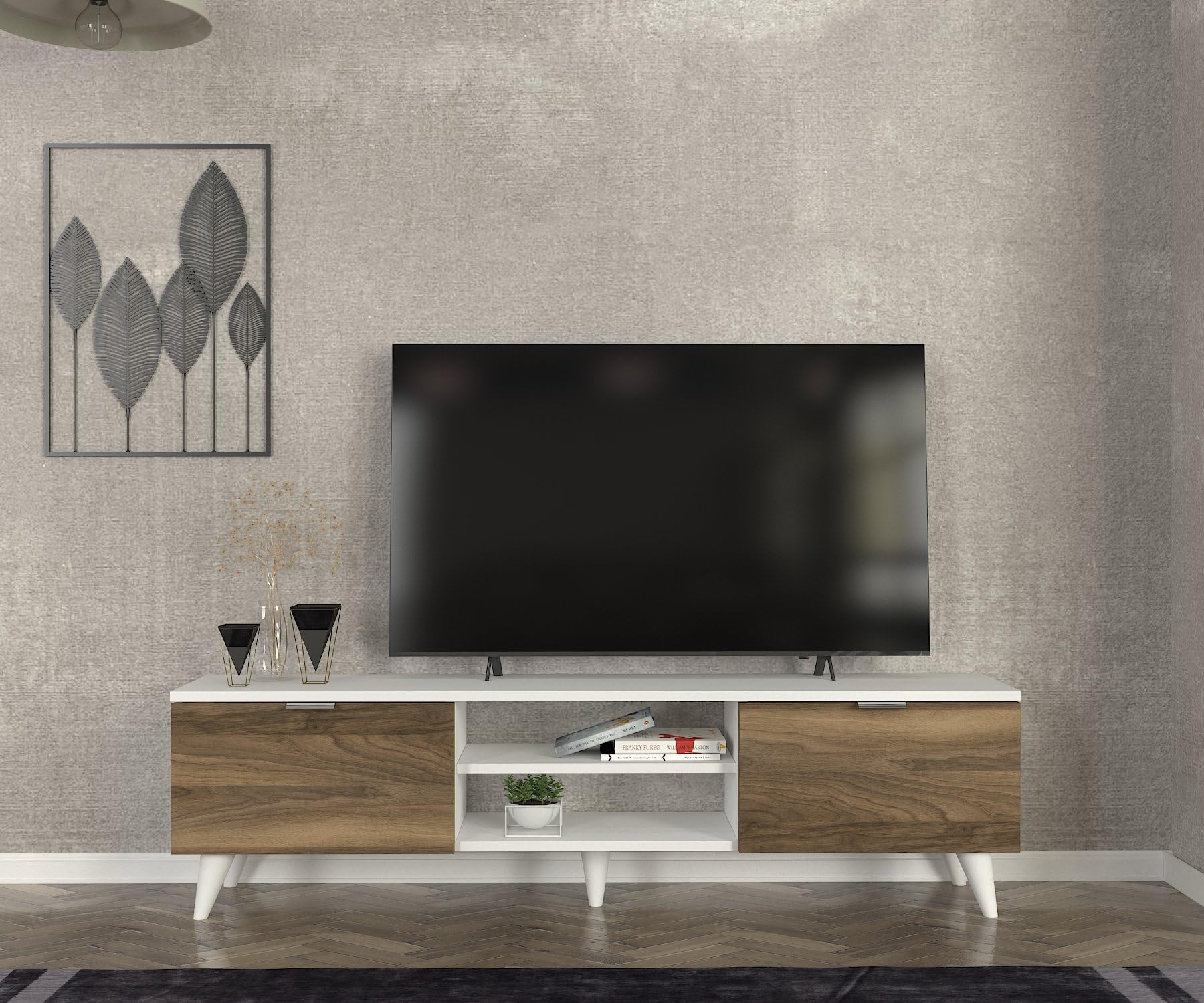 DORPEK Tealo Tv Stand White - Walnut, Tv Cabinet for TVs up to 65", Tv Bench with 2 Drawers and 2 Open Shelves, Tv Storage Unit for Living Room and Bedroom