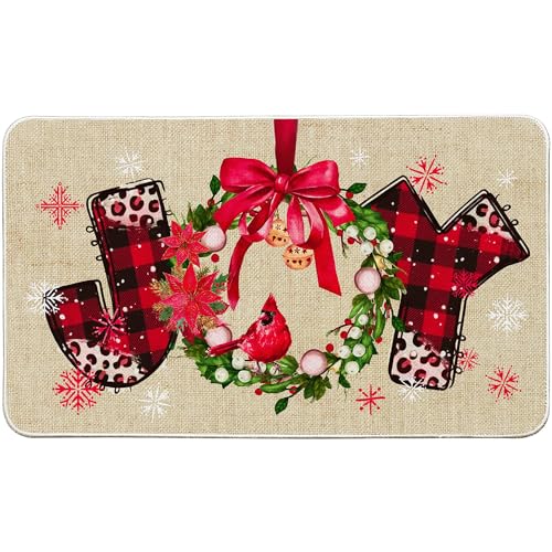 Baccessor Christmas Joy Doormat, Xmas Cardinal Wreath Decorative Indoor Outdoor Entrance Doormat Winter Red Green Check Joy Sign Door Mat Anti-Slip Rubber for Seasonal Holiday Decoration 17 x 29 Inch