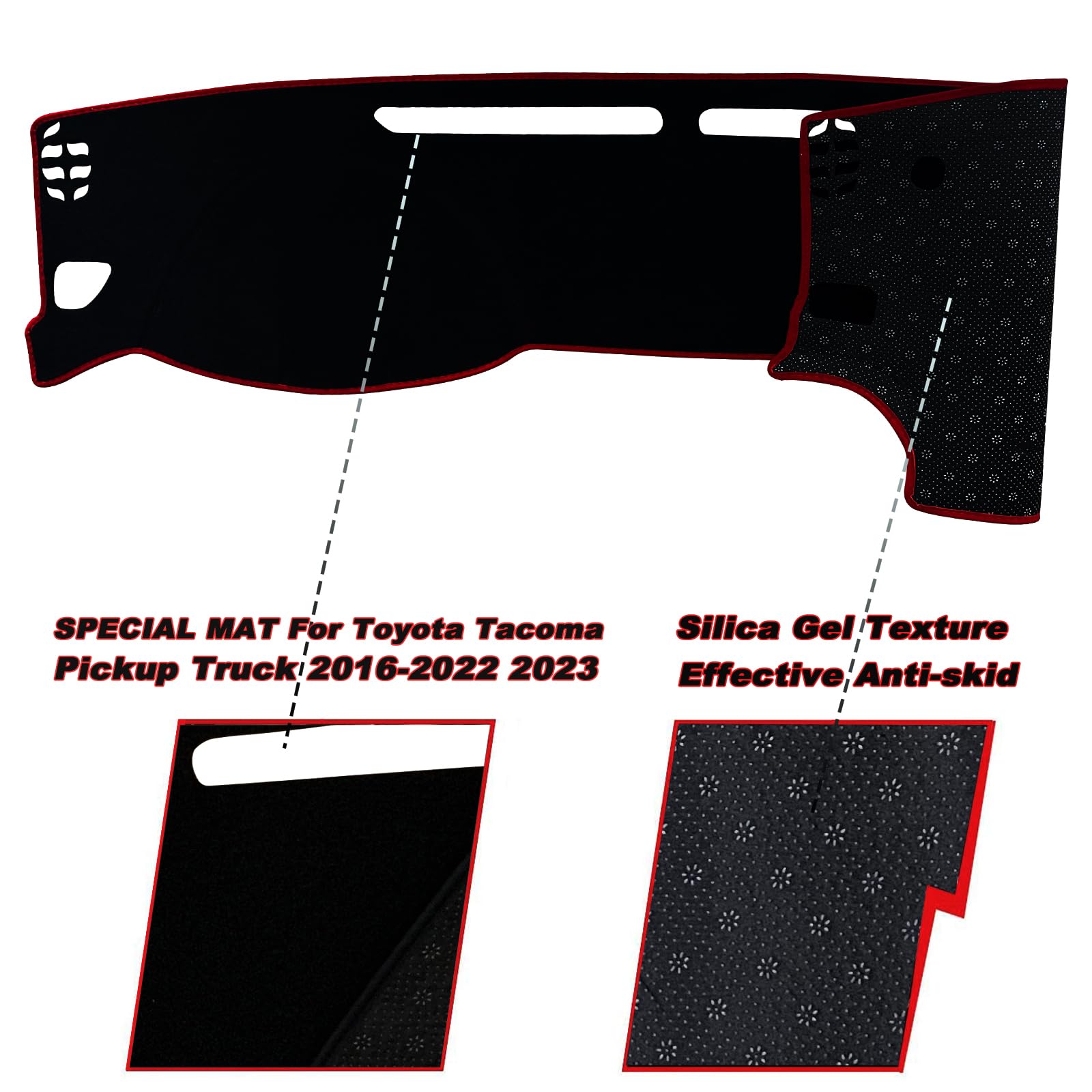 KEEGTBOX Dash Mat Cover Interior Dashboard Protection pad Compatible with Toyota Tacoma SR SR5 TRD Sport TRD Off-Road Limited and TRD Pro 2016-2023 Dashboard Cover Pad Carpet Protector (Red Trim)