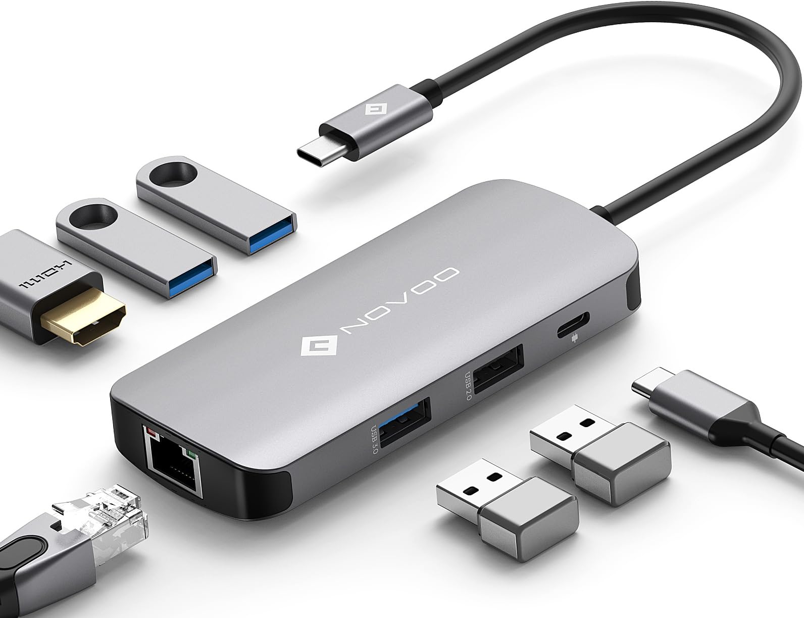 NOVOO USB C Hub Ethernet 4K@60 USB C HDMI Adapter Multiport Type C Adapter 4 USB 3.0 & USB2.0 Dongle 100W PD Dock Docking Station for MacBook Pro Air Apple iPad Pro Steam Deck Dell HP Lenovo 7-in-1