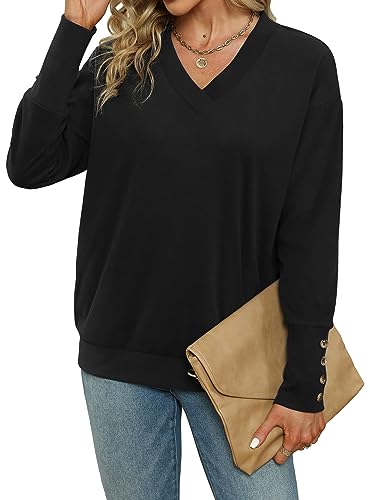 Dimur Womens Sweatshirts V Neck Long Sleeve Shirts Casual Trendy Button Down Pullover Sweaters for Women Black M