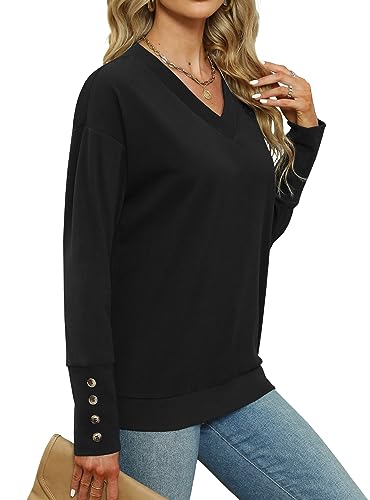 Dimur Womens Sweatshirts V Neck Long Sleeve Shirts Casual Trendy Button Down Pullover Sweaters for Women Black M
