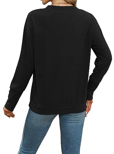Dimur Womens Sweatshirts V Neck Long Sleeve Shirts Casual Trendy Button Down Pullover Sweaters for Women Black M