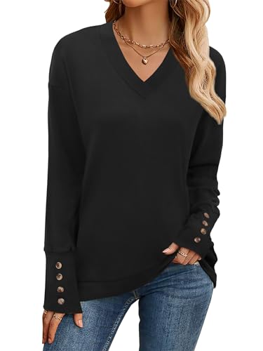 Dimur Womens Sweatshirts V Neck Long Sleeve Shirts Casual Trendy Button Down Pullover Sweaters for Women Black M