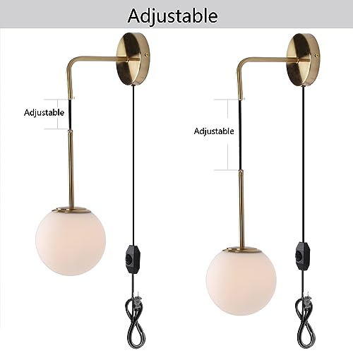 HuisMier Mid Century Globe Wall Sconce, Brushed Brass Plug in Wall Sconces with Dimmable Switch, Modern Glass Wall Light Fixture for Bedroom Living Room Corridor