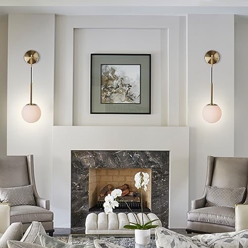 HuisMier Mid Century Globe Wall Sconce, Brushed Brass Plug in Wall Sconces with Dimmable Switch, Modern Glass Wall Light Fixture for Bedroom Living Room Corridor