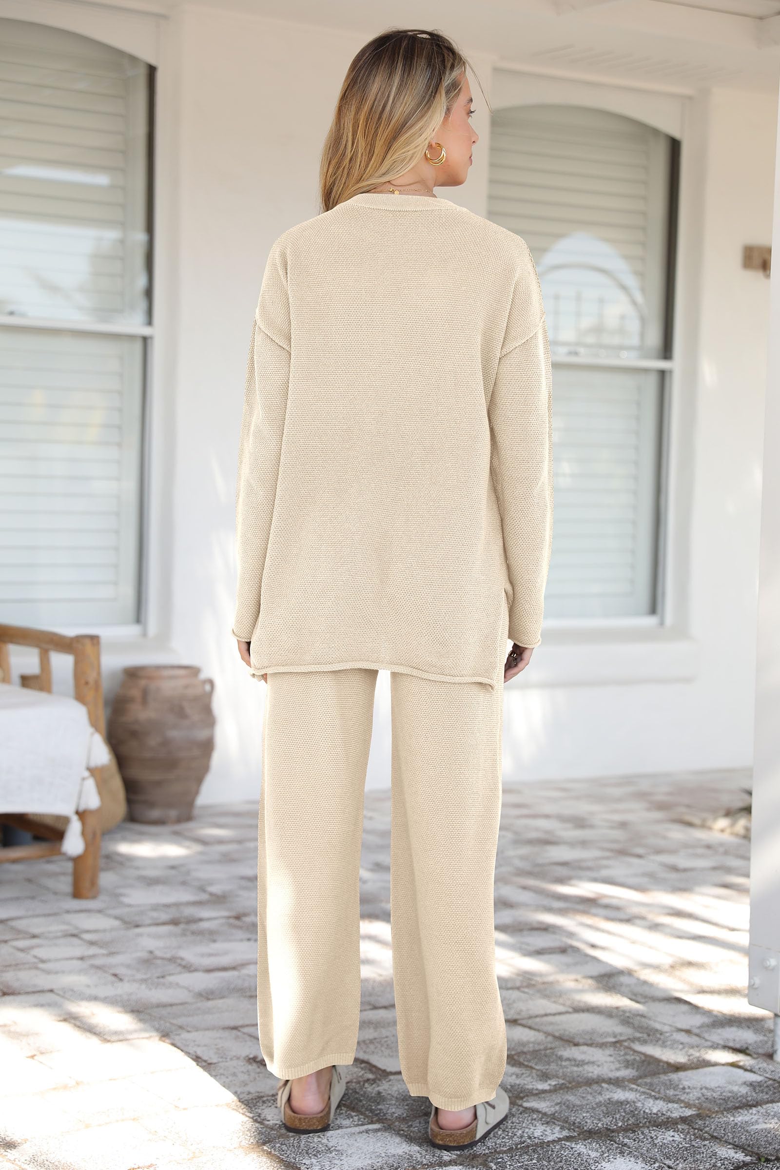PRETTYGARDEN Women's 2 Piece Tracksuit Outfits 2024 Fall Knit Sweater And Wide Leg Pants Sweatsuit Lounge Sets (Beige,Large)