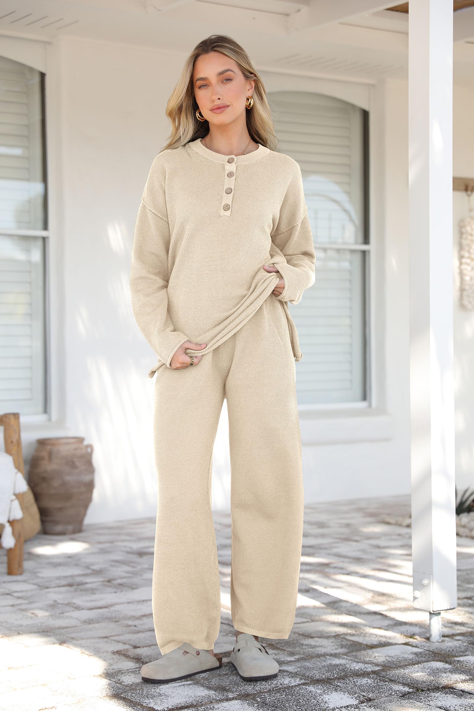PRETTYGARDEN Women's 2 Piece Tracksuit Outfits 2024 Fall Knit Sweater And Wide Leg Pants Sweatsuit Lounge Sets (Beige,Large)