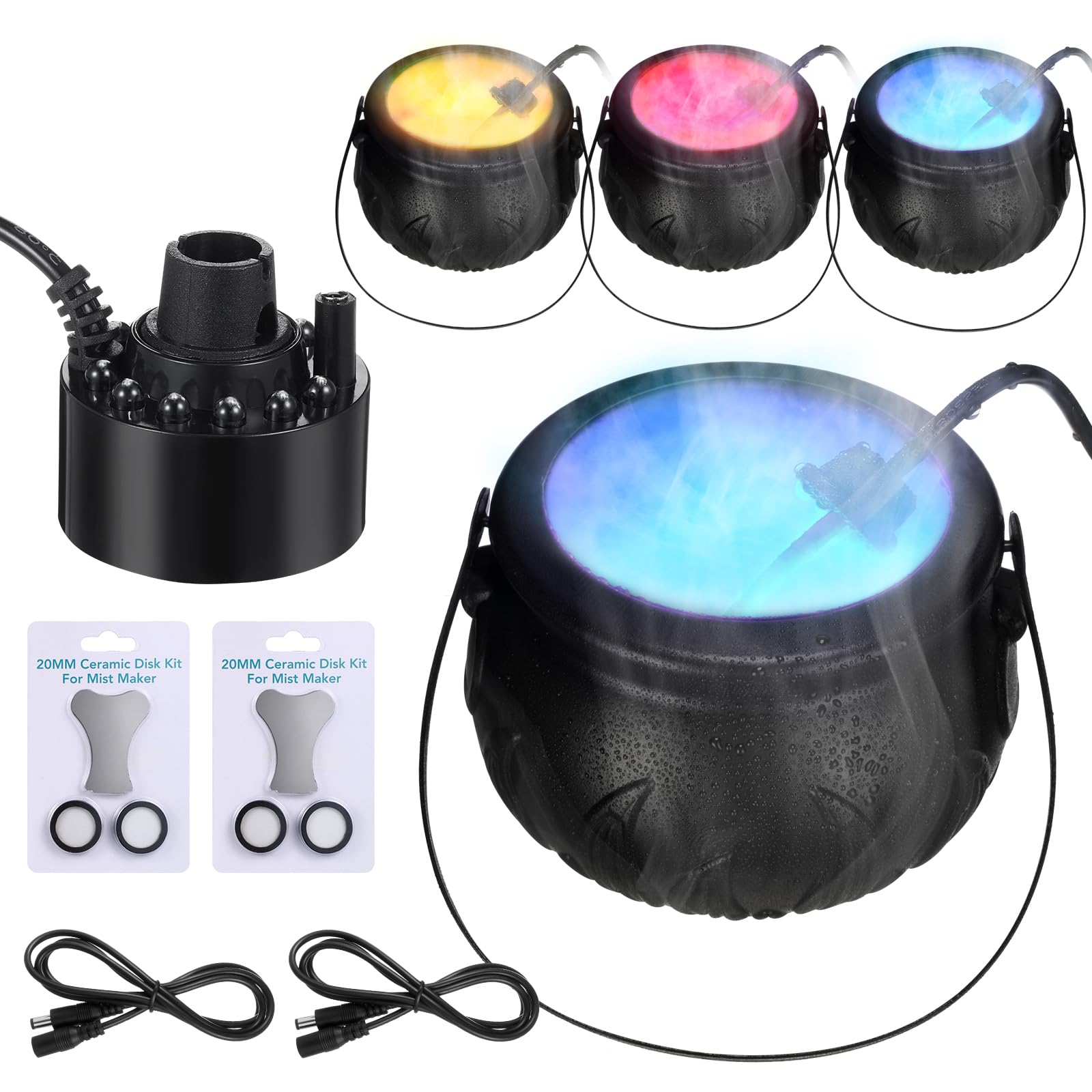 VIHOSE 4 Set Halloween Cauldron Mister with LED Fogger Mist Maker Witches Cauldron Witch Water Fountain Pond Mist Maker for Halloween Home Outdoor Party Decorations