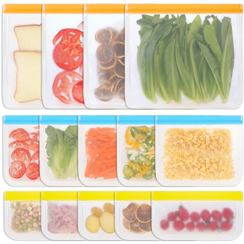 Moretoes 14 Pack Reusable Ziploc Bags, Stasher Silicone Reusable Storage Bag for Lunch Salad Fruit (4 Gallon Freezer Bags+5 Sandwich Bags+5 Leakproof Snack Bags)