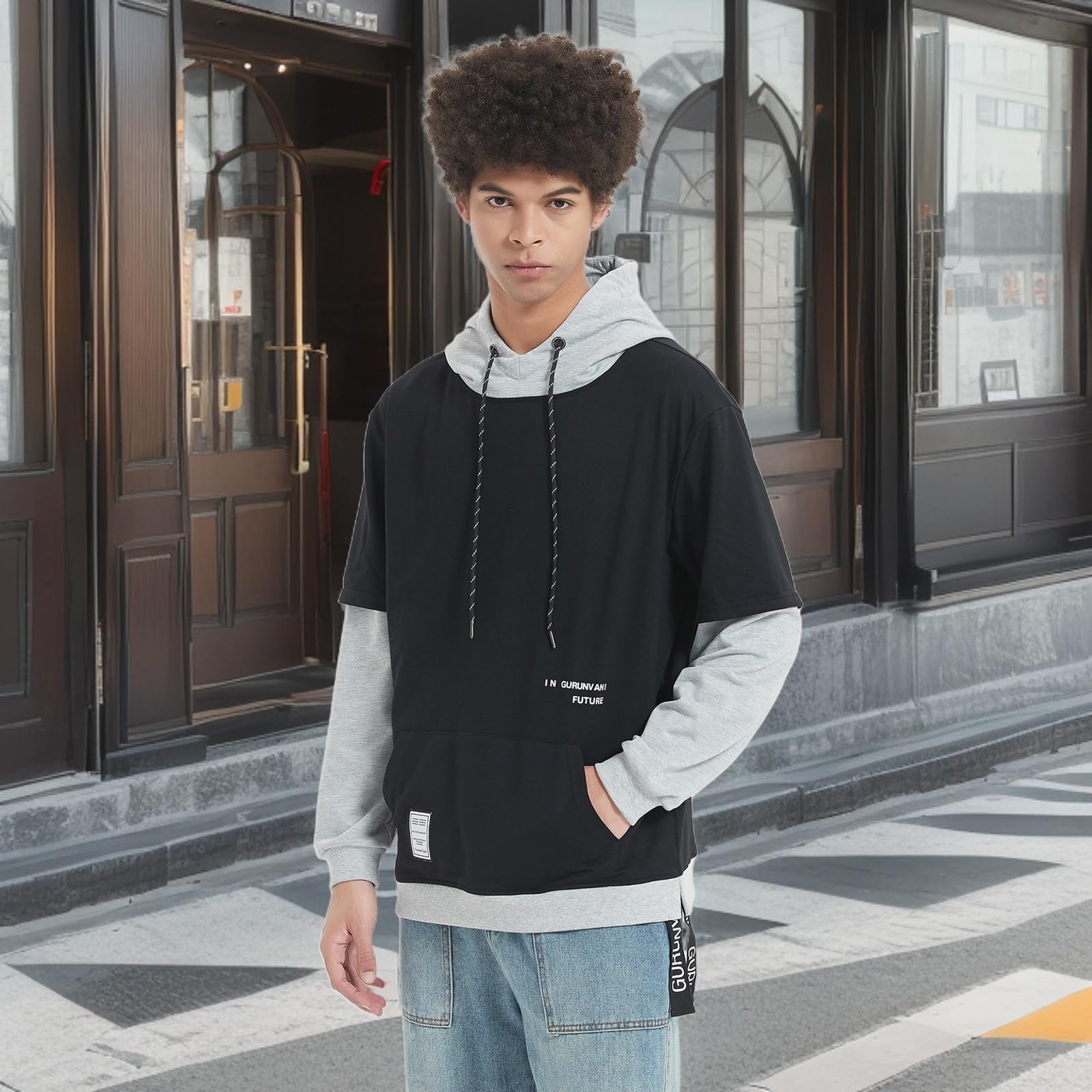 GURUNVANI Contrast Color Pullover Hoodie Mens Patchwork Hoodies Men,10W107GREY,Large