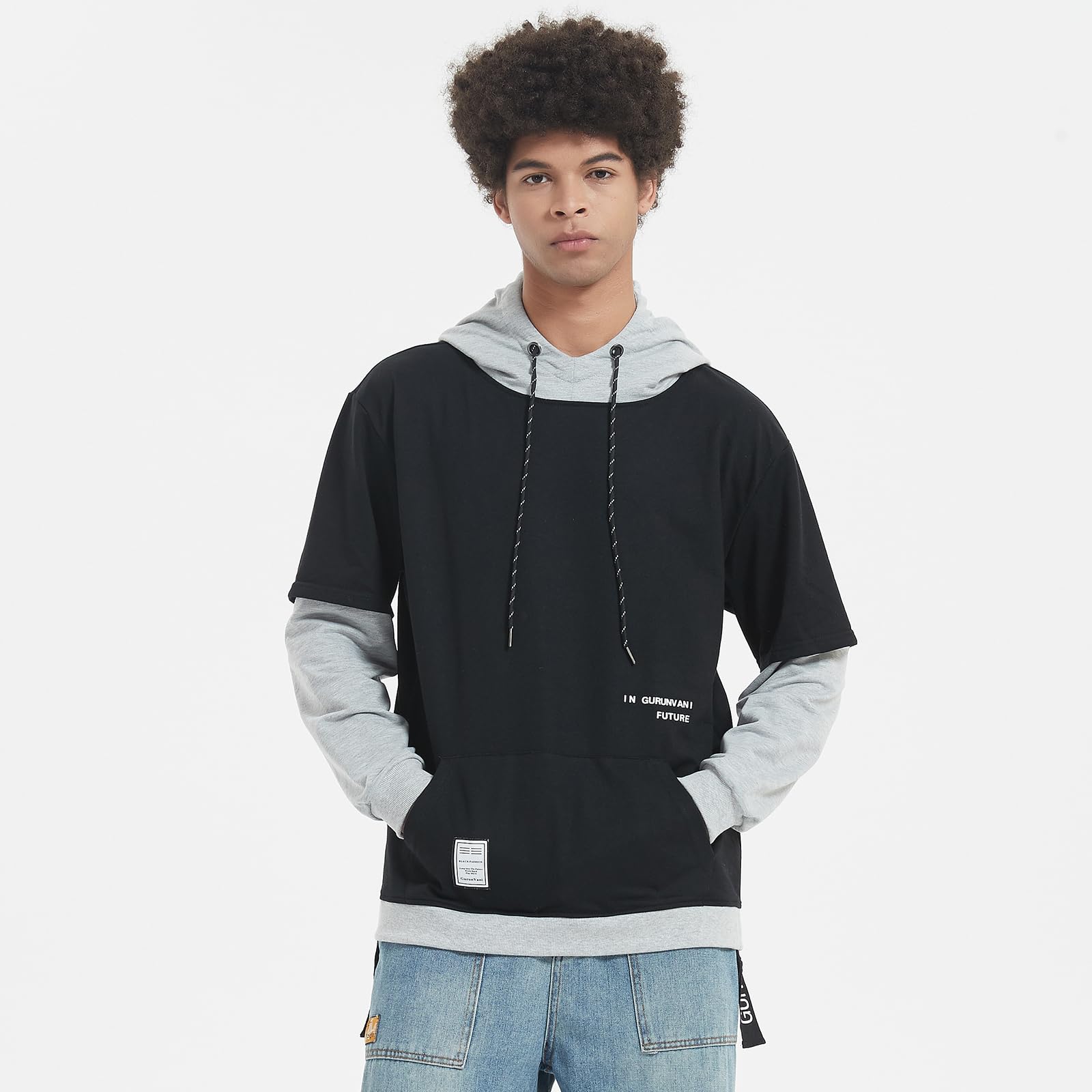 GURUNVANI Contrast Color Pullover Hoodie Mens Patchwork Hoodies Men,10W107GREY,Large