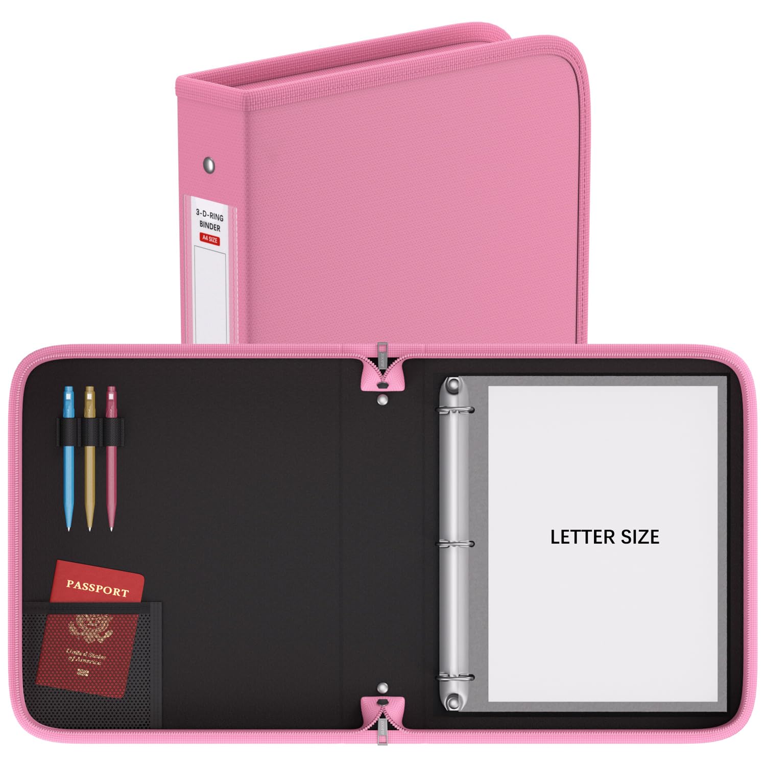 ZOOPIP Fireproof 3 Ring Binder with Zipper, 1.5 Inch D Rings Hold up 375 Sheets of 8.5" x 11" (A4), Compatible with Clear Page Protectors, Built-in Net and Pen Holder(Pink, 1 Pcs)