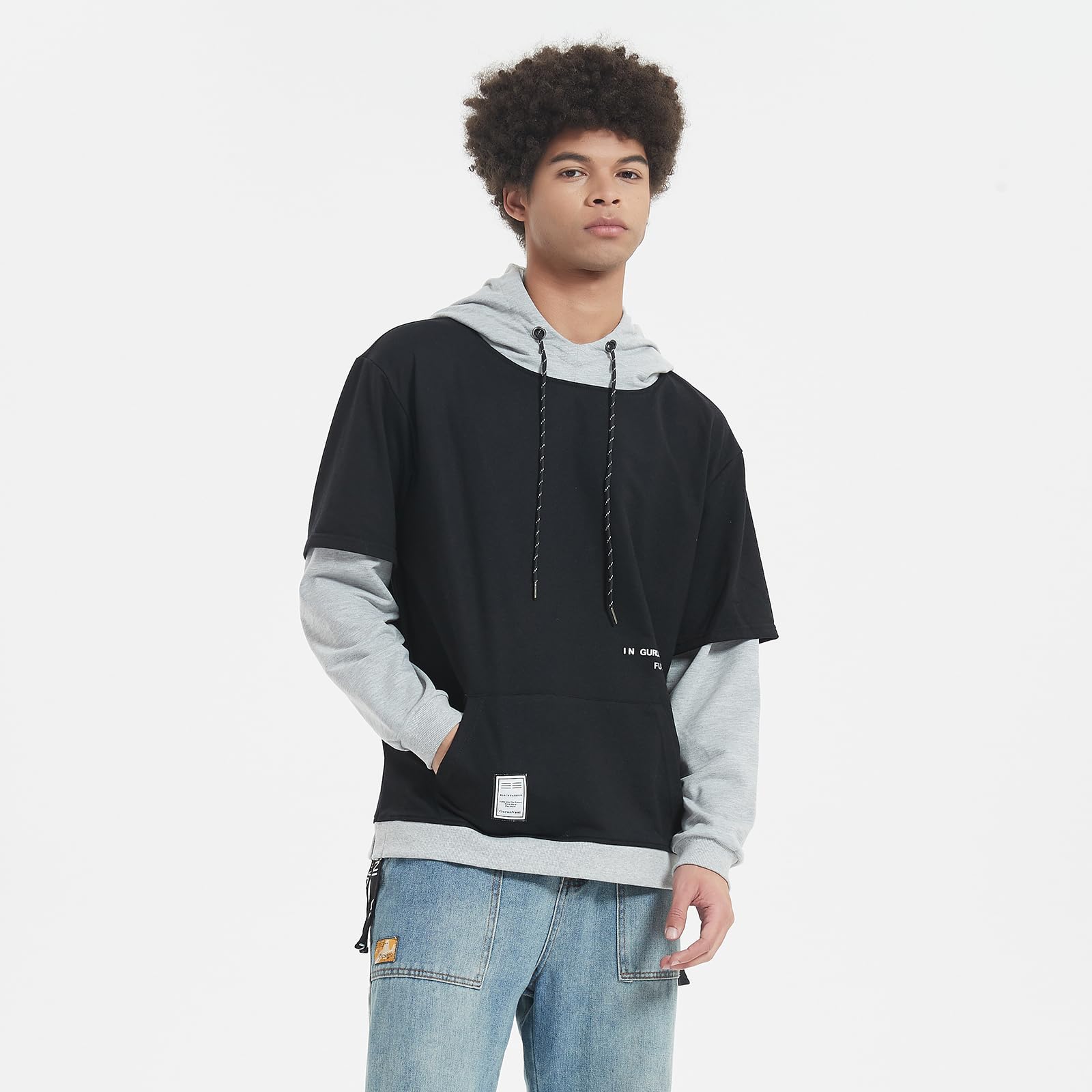 GURUNVANI Contrast Color Pullover Hoodie Mens Patchwork Hoodies Men,10W107GREY,Large