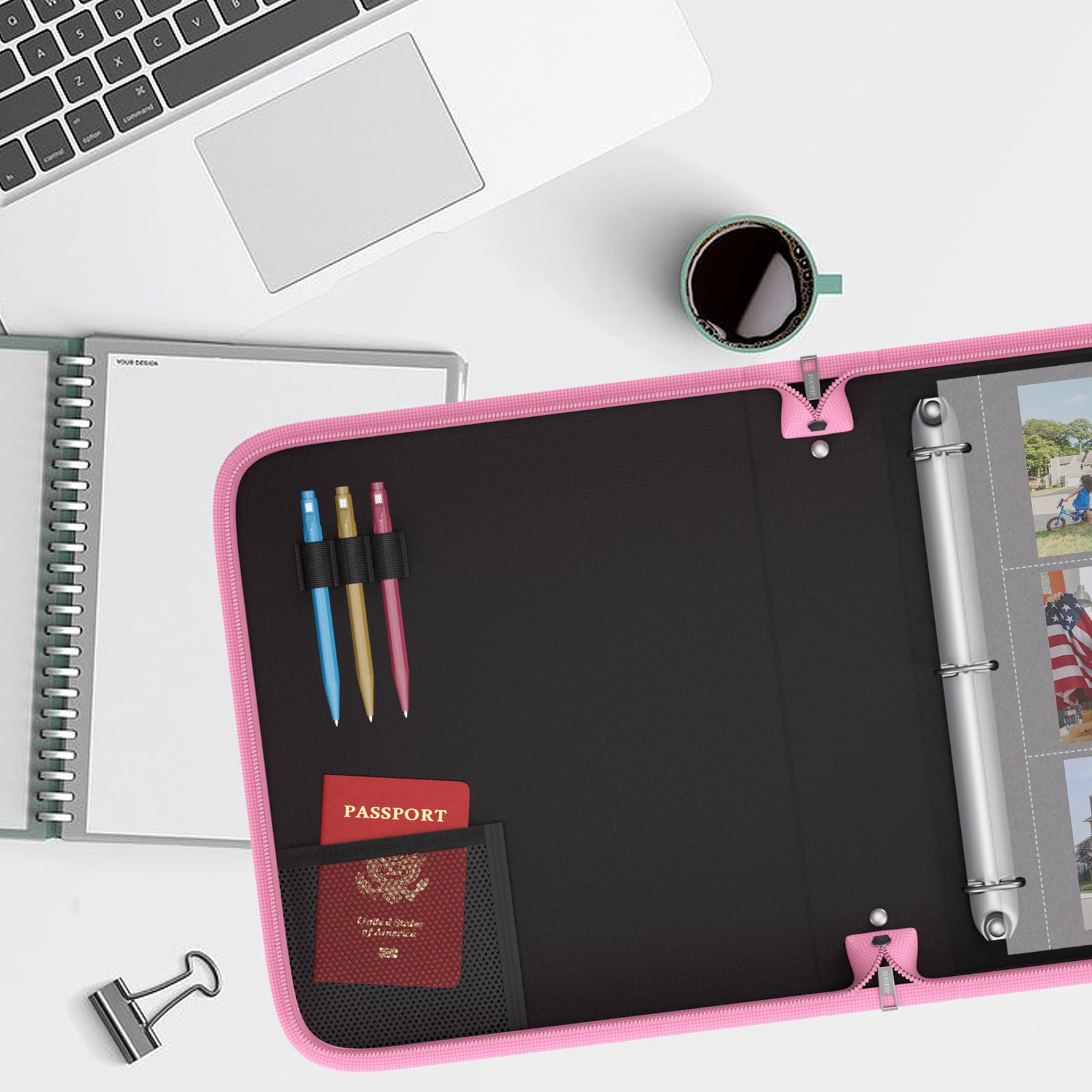ZOOPIP Fireproof 3 Ring Binder with Zipper, 1.5 Inch D Rings Hold up 375 Sheets of 8.5" x 11" (A4), Compatible with Clear Page Protectors, Built-in Net and Pen Holder(Pink, 1 Pcs)