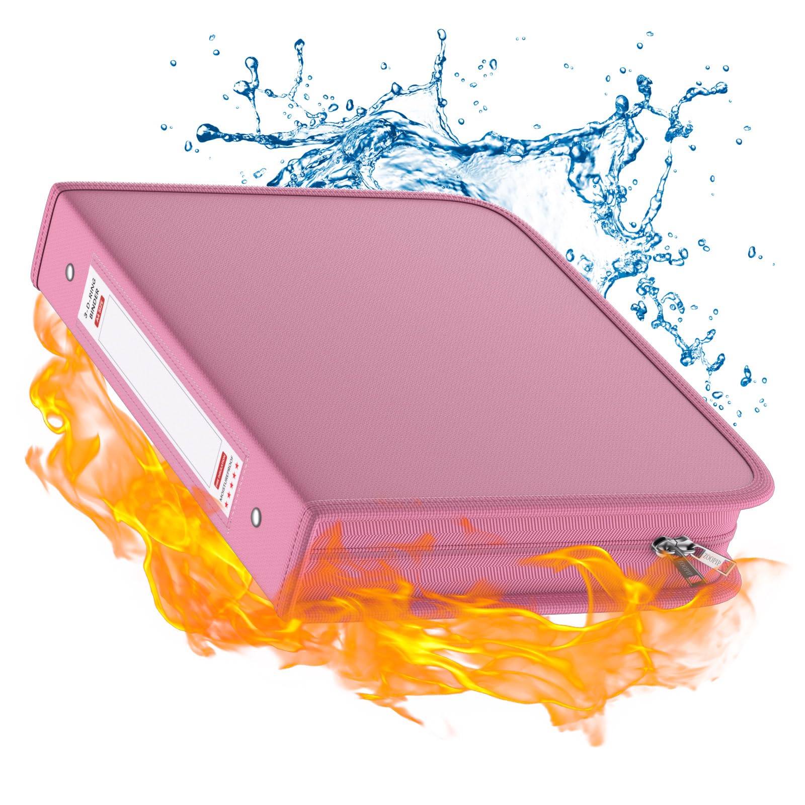 ZOOPIP Fireproof 3 Ring Binder with Zipper, 1.5 Inch D Rings Hold up 375 Sheets of 8.5" x 11" (A4), Compatible with Clear Page Protectors, Built-in Net and Pen Holder(Pink, 1 Pcs)