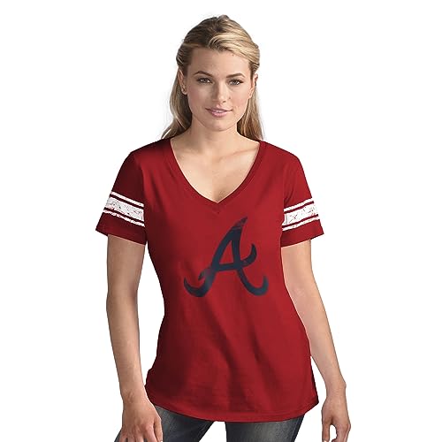 MLB Women's Ballpark Distressed V-Neck T-Shirt - Pick Your Team (US, Alpha, XX-Large, Regular, Regular, Atlanta Braves - Red (A Logo))