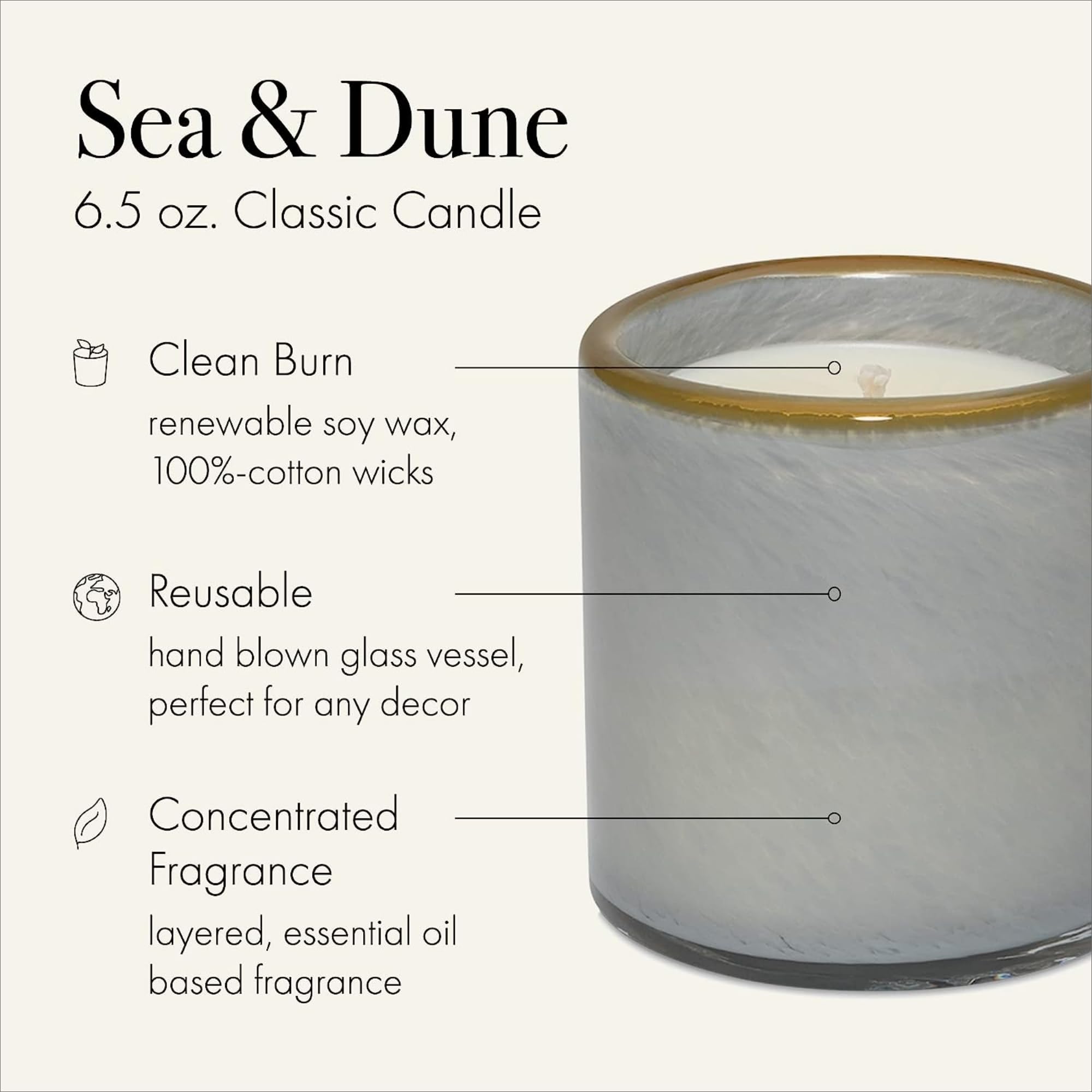 LAFCO New York Classic Candle, Sea & Dune - Pack of 2, 6.5 oz - 50-Hour Burn Time - Reusable, Hand Blown Glass Vessel - Made in The USA