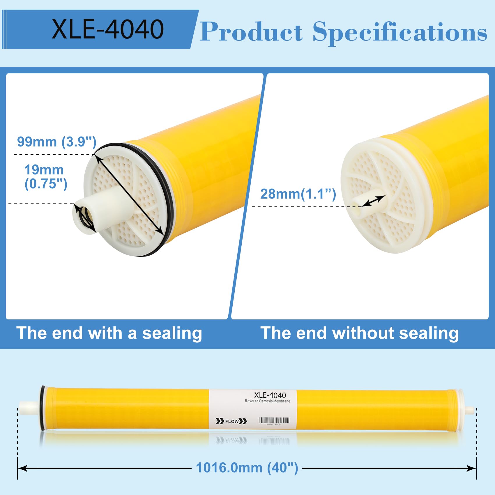 XLE-4040, XLE 4040 Reverse Osmosis Membrane for DOW Filmtec Membrane Replacement, 4 x 40 RO Membrane for Desalination, Commercial, Industrial, Salt Rejection 99%, 2250GPD