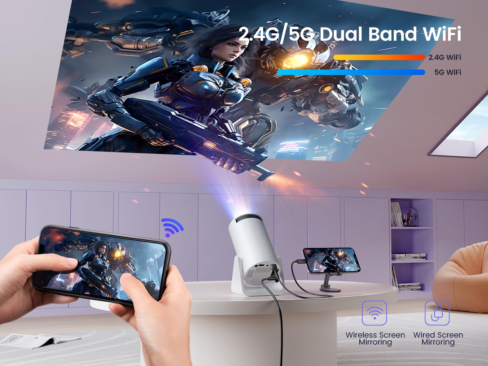 [Short Throw/Adjustable Stand]Mini projector with WiFi and Bluetooth, 2025 Upgrade Outdoor Portable Movie Projector 1080P, Auto Keystone, Home Projector for Phone/TV Stick/Laptop, WiMiUS S27 (White)