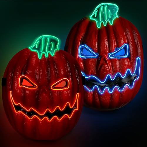 Liliful 2 Pcs Halloween Pumpkin Light up Mask Face Head Scary Mask for Halloween Festival Cosplay Party Decoration Costume(Red, Blue)