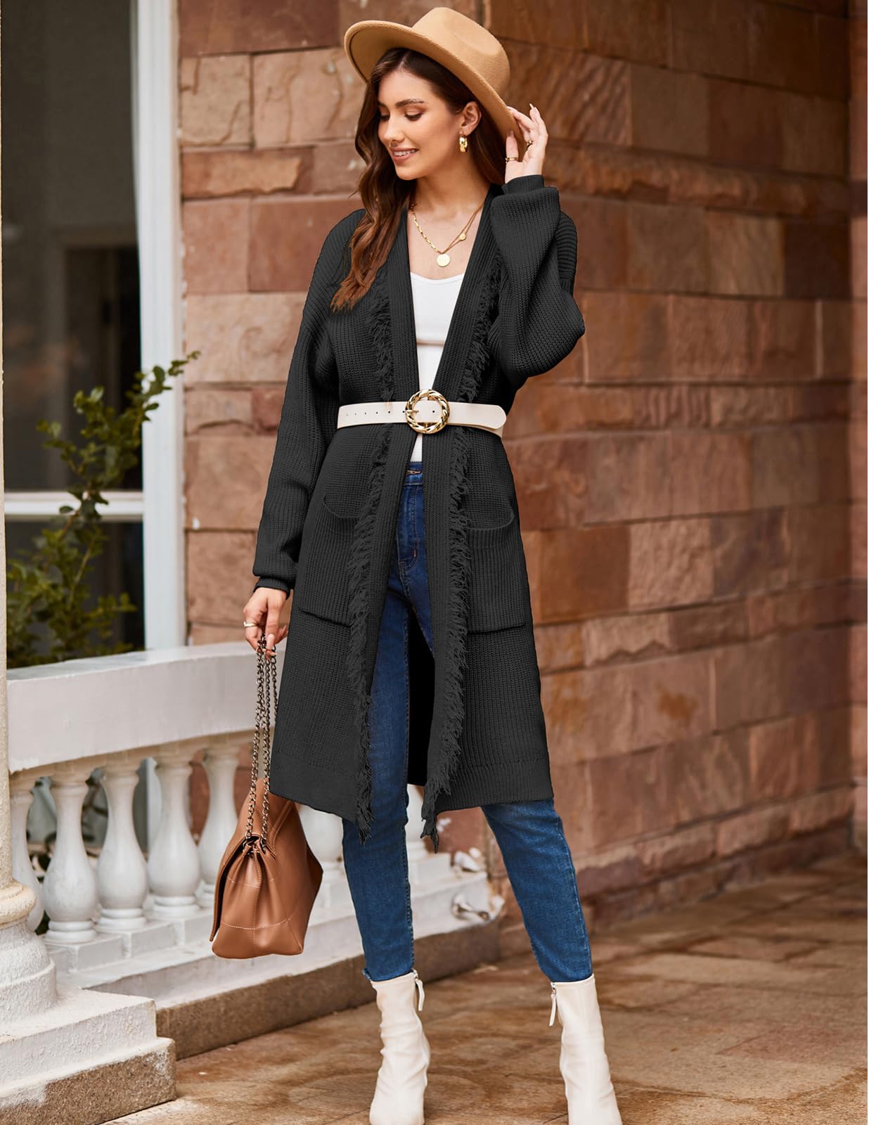 Women's Open Front Knit Cardigans Lapel Long Lantern Sleeve Chunky Knit Sweater Coat Cozy Slouchy Cardigan with Pockets(Black,XL)
